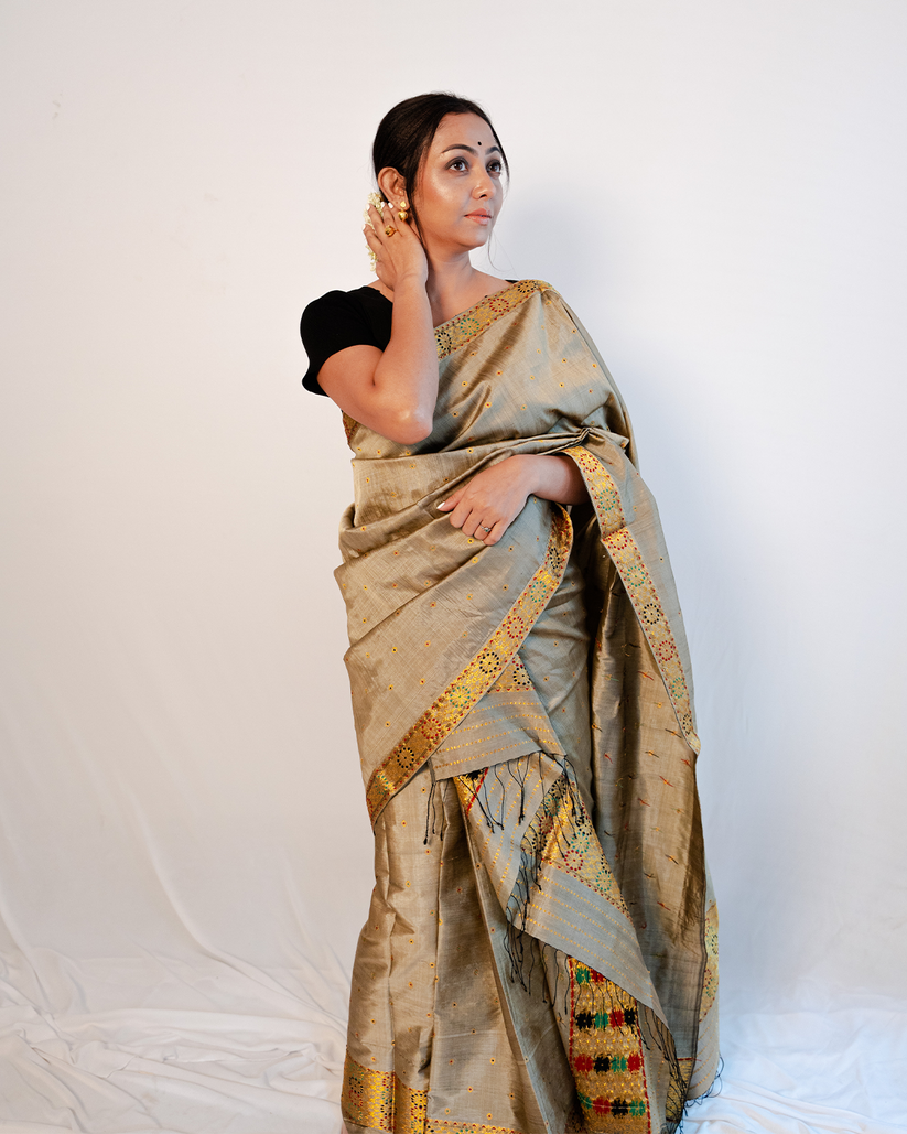 Ishtar Green Grey Tussar and Paat Silk Mekhela Sador – Sereki.in